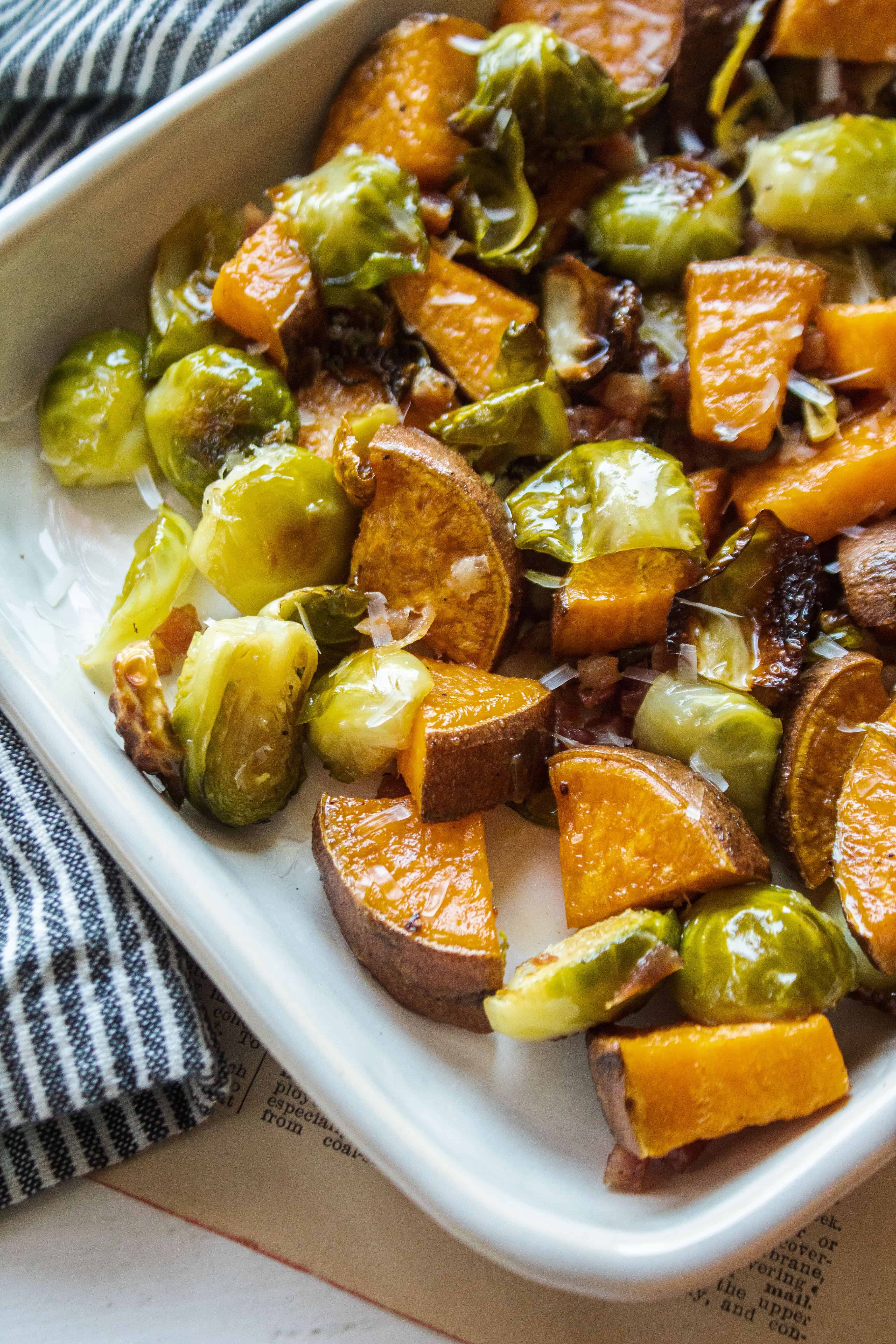 One Pan Roasted Brussels Sprouts and Sweet Potatoes Recipe - Nomaste Hungry